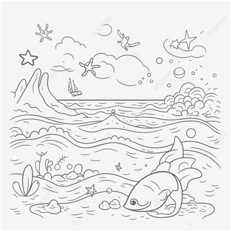 รูประบายสีระบายสีวาดภาพสเก็ตช์ภาพร่างภาพทิวทัศน์ทะเลแนวมหาสมุทร เวกเตอร์ Png ภาพวาดชายหาดทะเล