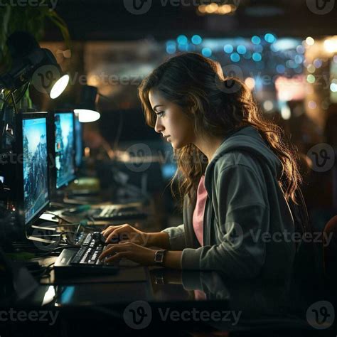Ai Generated Young Girl Programmer Writing Code On The Keyboard In The Office Space At Night