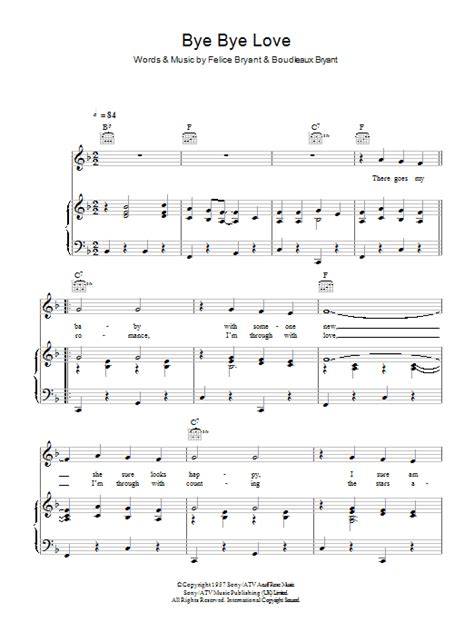 Bye Bye Love By Everly Brothers Sheet Music For Piano Vocal And Guitar