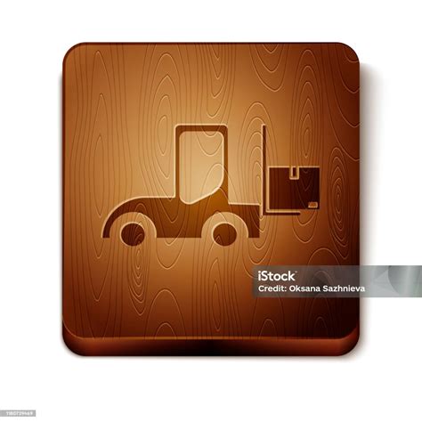 갈색 지게차 트럭 아이콘흰색 배경에 격리 포크 로더 와 골판지 상자 화물 배달 운송 운송 나무 사각형 버튼입니다 벡터