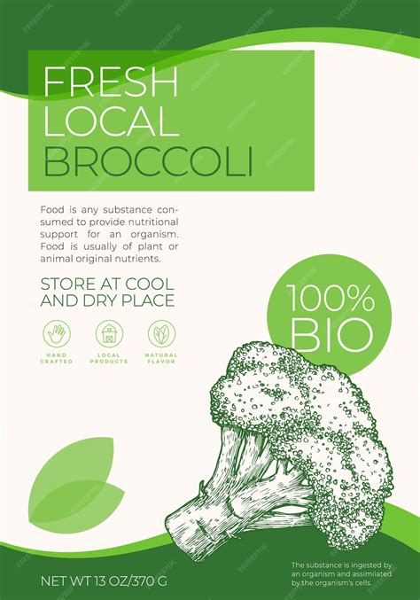 신선한 지역 야채 레이블 템플릿 추상적인 벡터 포장 디자인 레이아웃 손으로 그린 브로콜리 스케치 실루엣 배경 절연 현대 인쇄 술 배너 프리미엄 벡터