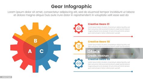 기어 톱니바퀴 인포 그래픽 템플릿 큰 모양 슬라이스 분리 및 슬라이드 프리젠 테이션을위한 3 점 목록 정보가있는 라인 하단 설명이있는 배너 인포그래픽에 대한 스톡 벡터 아트