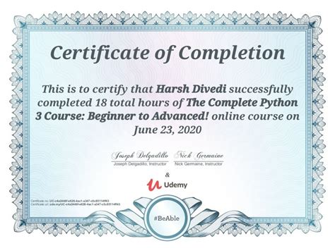 Harsh Divedi On Linkedin Certificate Of Completion Of The Complete Python 3 Course Beginner To