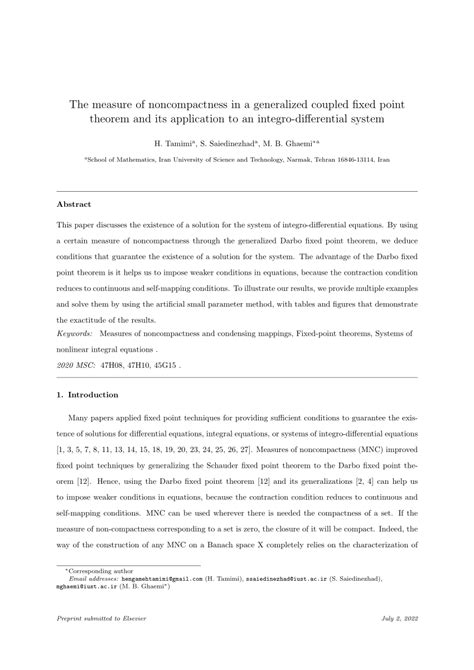 Pdf The Measure Of Noncompactness In A Generalized Coupled Fixed Point Theorem And Its