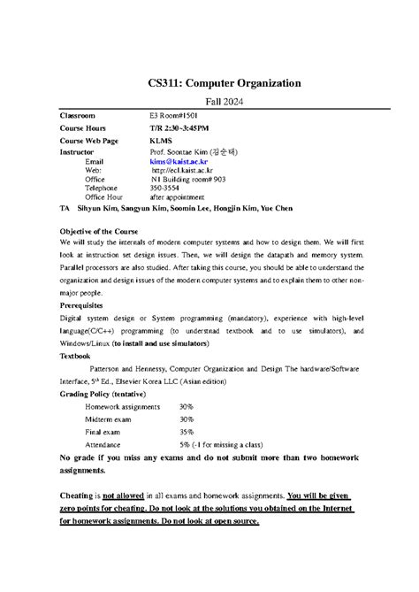 CS311 Syllabus Fall2024 CS311 Computer Organization Fall 20 24 Classroom E3 Room 1501 Course