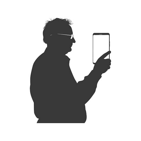 силуэт пожилого человека показывает пустой белый экран мобильного телефона Премиум векторы