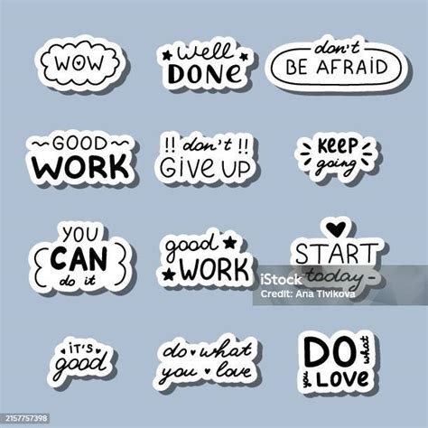 손글씨 글자가 적힌 낙서 스티커 세트 동기 부여 플래너 공책에 대한 응원 문구 귀여운 스티커 목록을 인쇄 할 준비가되었습니다 생산성 성공을 위한 영감을 주는 타이포그래피