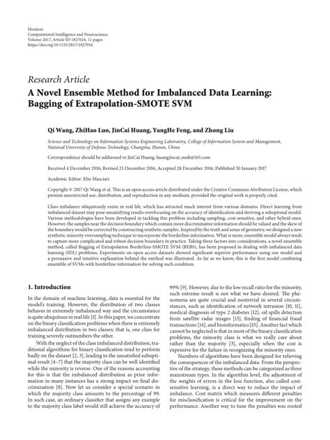 Pdf A Novel Ensemble Method For Imbalanced Data Learning Bagging Of Extrapolation Smote Svm