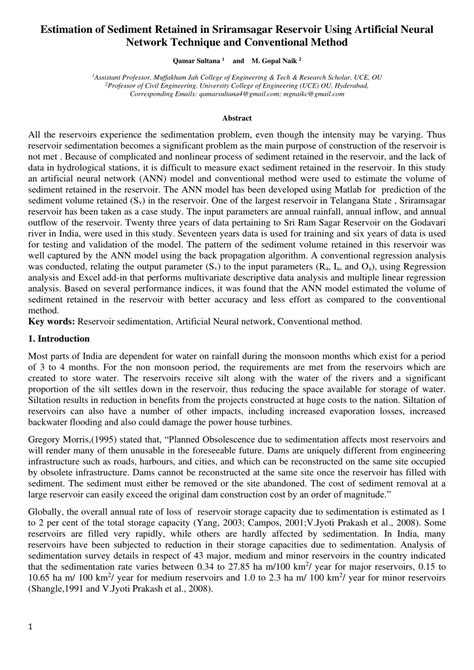 Pdf Estimation Of Sediment Retained In Sriramsagar Reservoir Using Artificial Neural Network