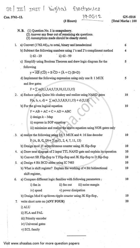 Digital Electronics 2011 2012 Be Electronics And Telecommunication Engineering Semester 3 Se