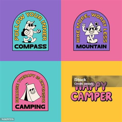 재미있는 따옴표가있는 트리피 레트로 일러스트레이션 빈티지 스타일의 벡터 캐릭터 여름 캠프 카드 세트 캠핑에 대한 스톡 벡터 아트 및 기타 이미지 Istock