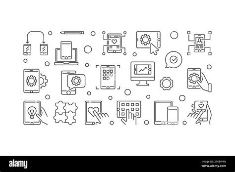 Mobile App Development Vector Creative Horizontal Illustration In Thin Line Style Stock Vector