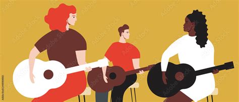 Stockvector Guitar Class Multicultural Group Of Musicians Flat Vector Stock Illustration With