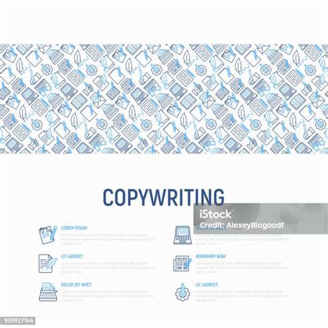 얇은 선 아이콘으로 카피 라이팅 개념 편지 전자 메일 책 블로그 펜 깃털 타자기 문서 현 서와 손 현대 벡터 일러스트 레이 션