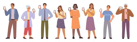 사람들은 스마트폰 화면을 보여줍니다 행복한 남자와 여자 젊은 사업가가 전화를 하고 있다 여행사 학생 및 기술 빈 화면 광고 휴대 전화 전화에 대한 스톡 벡터 아트 및 기타