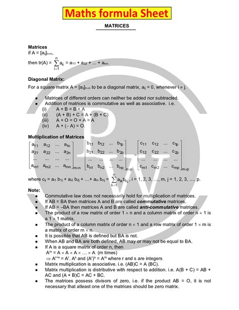 12th Maths Formula For Chapter 3 Matrices