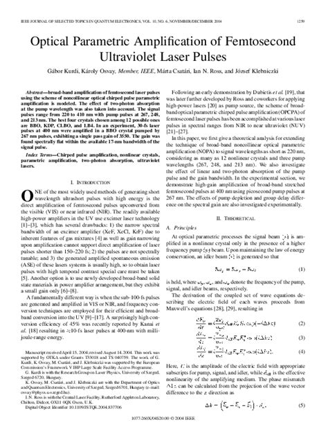 Pdf Optical Parametric Amplification Of Femtosecond Ultraviolet Laser Pulses