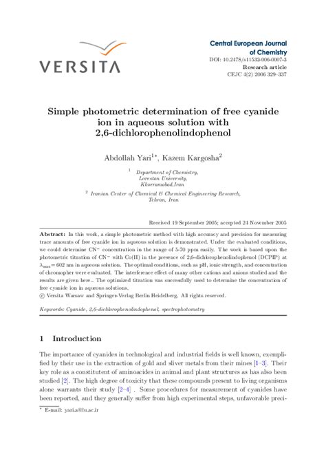 Pdf Simple Photometric Determination Of Free Cyanide Ion In Aqueous Solution With 2 6