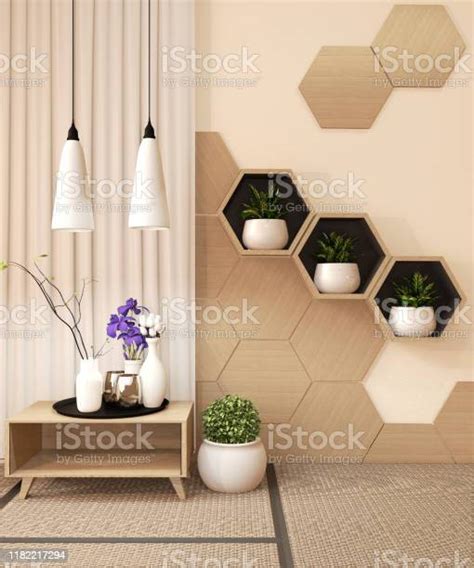 일본 식 료칸 디자인 다다미와 목조 벽에 나무 육각형 선반과 나무 육각 타일 디자인 장식 일본 식3d 렌더링 0명에 대한 스톡
