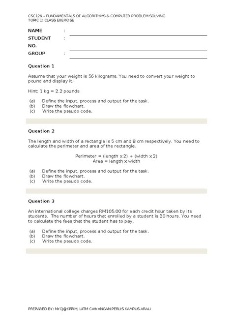 Csc126 Fundamentals Of Algorithms Class Exercise On Problem Solving