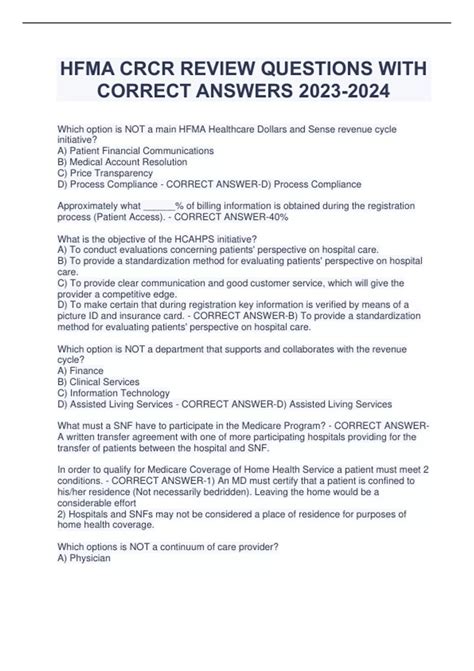 HFMA CRCR REVIEW QUESTIONS WITH CORRECT ANSWERS HFMA CRCR Stuvia US