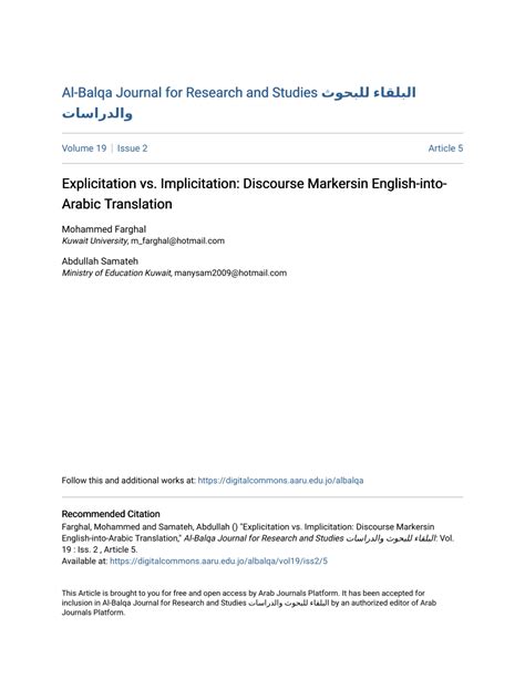 Pdf Explicitation Vs Implicitation Discourse Markers In English Into Arabic Translation