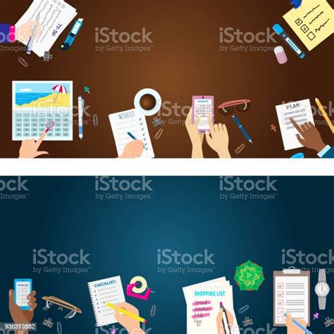 의제 목록 배너 개념 벡터 일러스트 레이 션 비즈니스 참고 사무국 캘린더 위시 리스트 점검 쇼핑 단지 할 목록 계획 설정 리스트에 대한 스톡 벡터 아트 및 기타 이미지