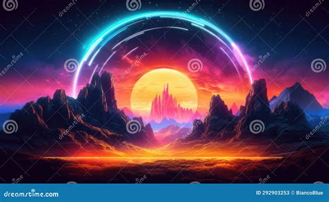 Glowing Neon Circle Frame Over Abstract Landscape Generative Ai Weber Stock Image Image Of