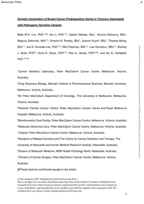 Pdf Somatic Inactivation Of Breast Cancer Predisposition Genes In Tumours Associated With