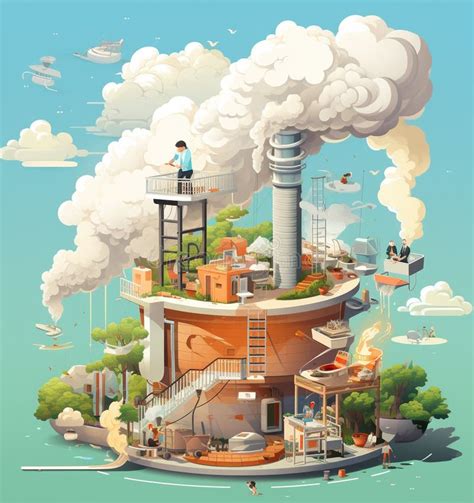 Little Factory With 2 Chimneys Surrounded By Trees On Small Island With