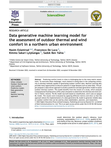 Pdf Data Generative Machine Learning Model For The Assessment Of Outdoor Thermal And Wind