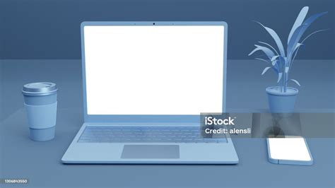 단색 3d 렌더링 사무실 장면 빈 화면이있는 노트북과 스마트 폰 모형으로 사용할 수 있습니다 0명에 대한 스톡 사진 및 기타 이미지 Istock