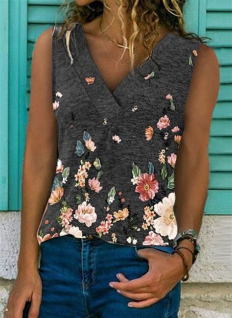 Floral V Neckline Sleeveless Blouses Yattagirl