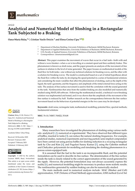 Pdf Analytical And Numerical Model Of Sloshing In A Rectangular Tank Subjected To A Braking
