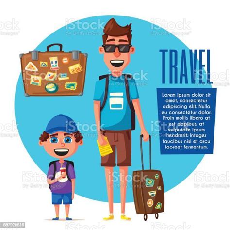 행복 한 가족 여행입니다 아버지와 아들의 여행입니다 만화 벡터 일러스트 레이 션 6 7 살에 대한 스톡 벡터 아트 및 기타 이미지 6 7 살 개념 개성 개념 Istock