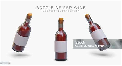 다양한 위치에 있는 사실적인 레드 와인 한 병 코르크 마개를 씌운 알코올 음료 3차원 형태에 대한 스톡 벡터 아트 및 기타 이미지 3차원 형태 와인병 와인 Istock