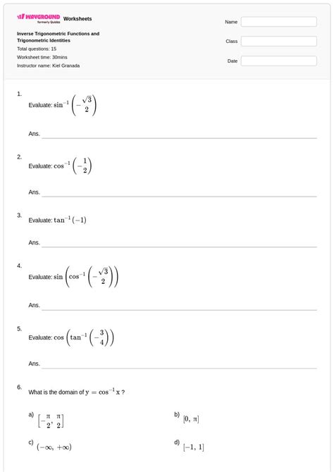 50 Inverse Trigonometric Functions Worksheets On Wayground Free