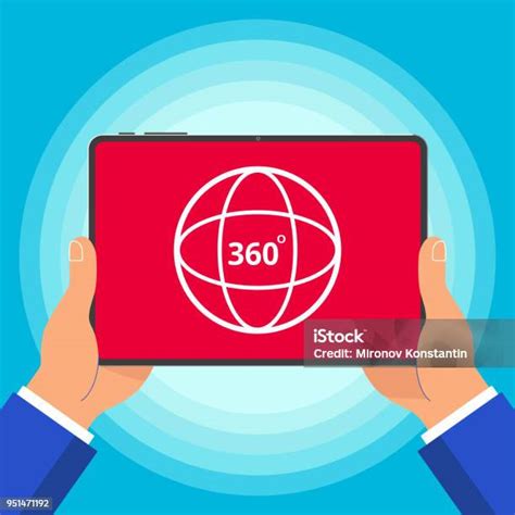 손 들고 태블릿 장치 360도 화면 개요 평면 디자인 스타일 벡터 그림 파란 배경에 고립에 아이콘 표시 각도 360도 Vr 동영상 사진 및 게임의 상징 가득 찬에 대한 스톡