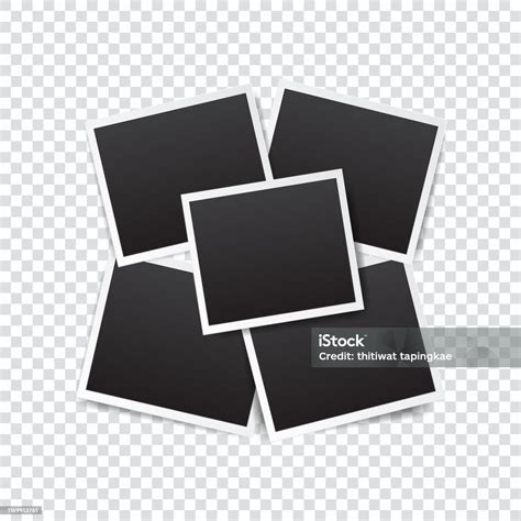 투명한 배경에 흰색 테두리와 검은 색 사각형 요소가있는 빈 사진 프레임 세트 디자인을위한 폴라로이드 또는 인스턴트 사진 프레임 카드 모형 템플릿 장식 합성사진에 대한 스톡