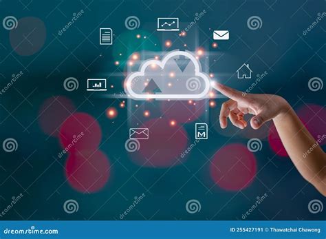 Finger Pointing At The Hologram Cloud Represents Search Communication