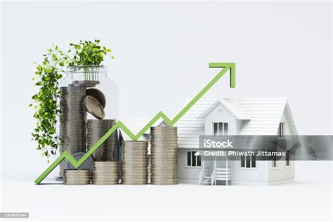동전이 쌓여 있는 유리병은 금융의 성장을 상징합니다 녹색 위쪽 화살표는 부의 증가를 나타냅니다 배경에 있는 집은 투자 부동산의 성공을 암시합니다 3d 렌더링 0명에 대한