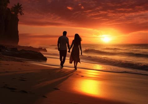 Premium Ai Image A Couple Enjoying A Romantic Sunset Walk On The Beach