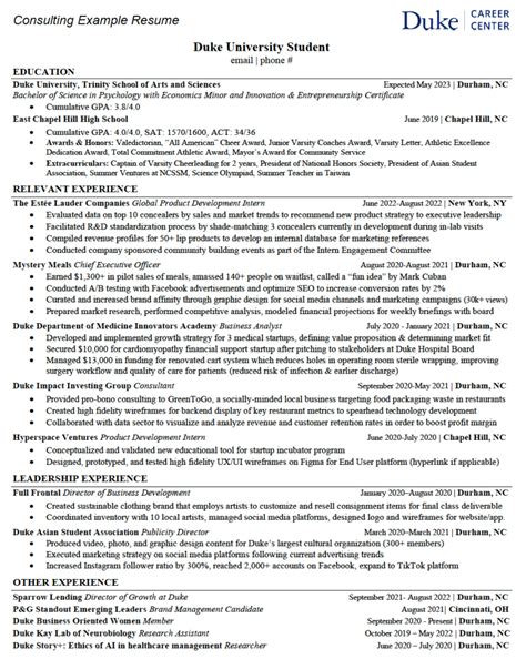 Undergraduate Resume Examples Career Hub Duke University