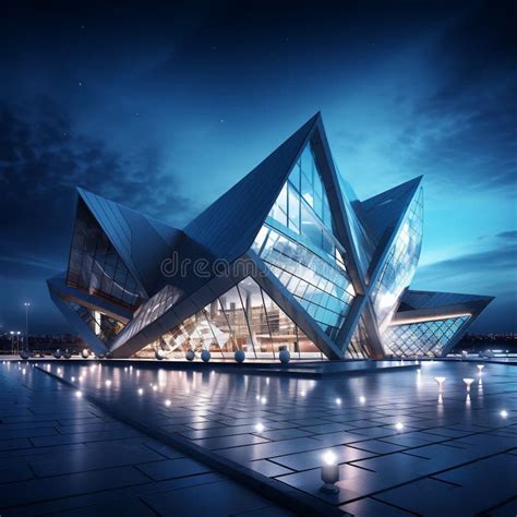 Ai Generated Illustration Of A Glass Pyramid Shaped Structure Illuminated In The Night Stock