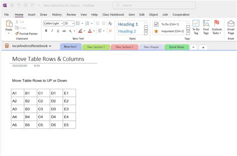 How To Move Selected Rows Up Or Down Move Selected Columns Left Or Right In A Onenote Table