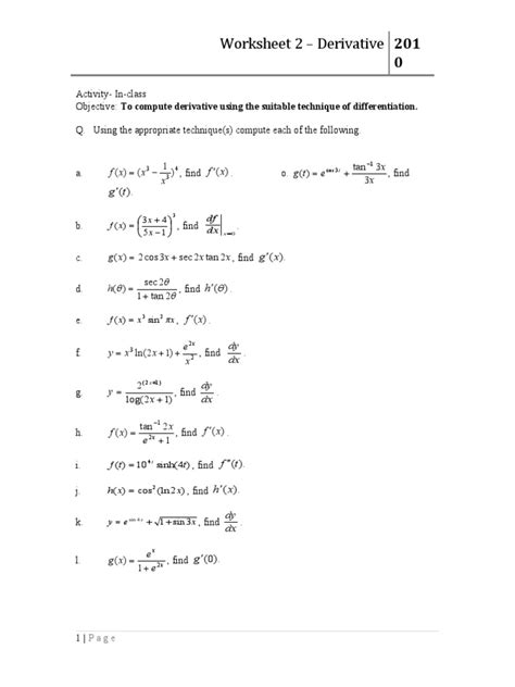 Worksheet 2 Derivatives Jan 2010 Pdf Mathematical Analysis