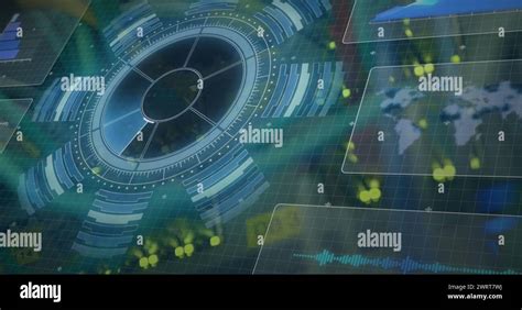Image Of Interface With Data Processing And Round Scanner Over Close Up Of A Computer Server