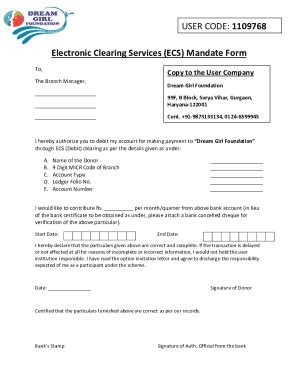 Fillable Online Electronic Clearing Services ECS Mandate Form USER CODE Fax Email Print