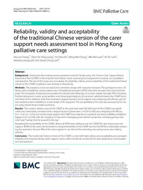 Pdf Reliability Validity And Acceptability Of The Traditional Chinese Version Of The Carer