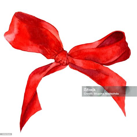 수채화 손으로 그린 반짝이는 빨간 활 매듭은 흰색 배경에 고립되어 있습니다 직물 실크 나비 매듭의 그림 휴일 덮개를 위한 장식적인 성분 고풍스런에 대한 스톡 벡터 아트 및